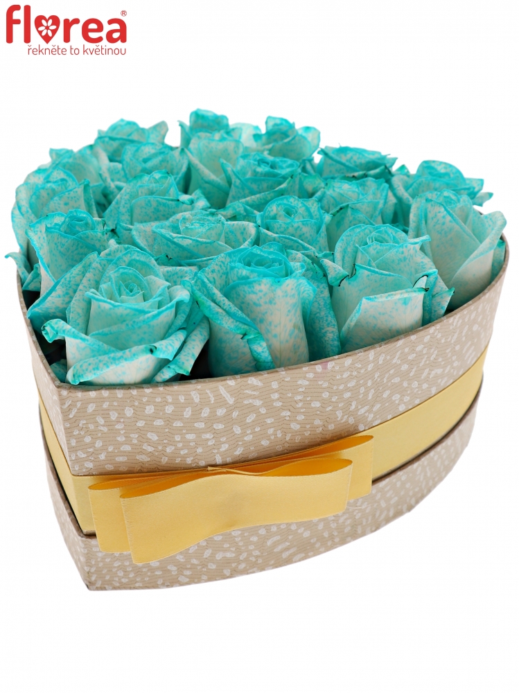 Krabička ledově modrých růží ICE BLUE VENDELA šampaň 19x9cm